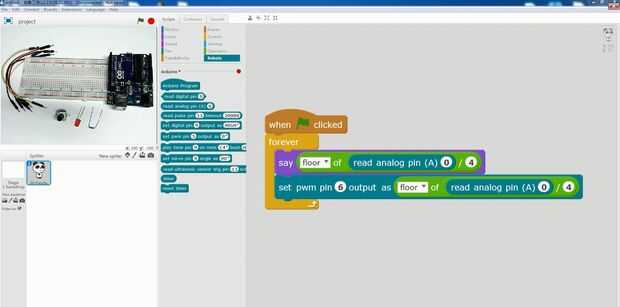 Cómo utilizar mBlock software para control de tablero de Arduino UNO - potenciómetro con luz LED ...