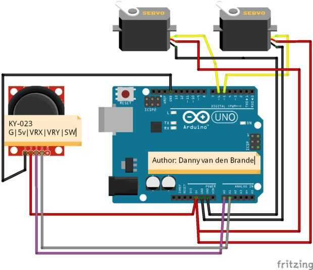 Arduino - usando cámaras PAN TILT CONTROL servos y KY 023 Joystick / Paso 1: Código de esquema y ...