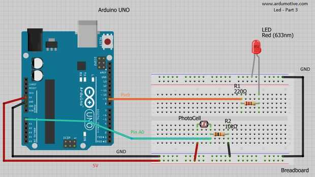 Cómo utilizar un fotoresistor (o fotocélula) - Arduino Tutorial / Paso 2: El circuito - askix.com