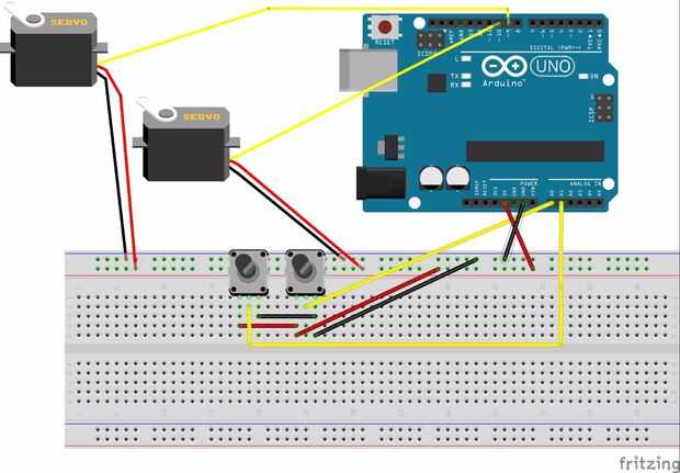 4 proyecto de simple Servo con Arduino / Paso 4: Control de 2 Servos con 2 potenciómetros ...